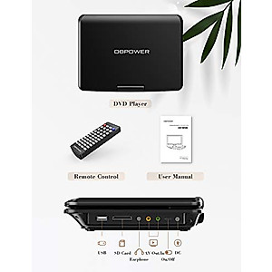 DBPOWER 11.5" Portable DVD Player, 5-Hour Built-in Rechargeable Battery, 9" Swivel Screen, Support CD/DVD/SD Card/USB, Remote Control, 1.8 Meter Car Charger, Power Adaptor and Car Headrest (Black)