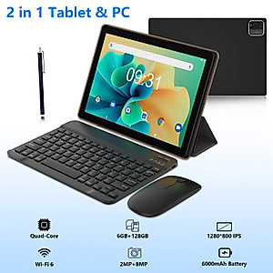 HOTTABLET Tablet with Keyboard, 2 in 1 Tablet 10 inch, 6GB RAM 128GB ROM 1T Expansion Tablet Android, 2.4Ghz/5Ghz/wifi 6 Tablet PC, IPS Screen, Dual Camera, 6000mAh Battery, with Case, Stylus, Black