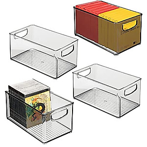 mDesign Plastic Rectangular Drawer Organizer Storage Bin Holder with Handles - for Home Office, Living Room, Kitchen, Bathroom, Bedroom; Desk Drawer - Holds Office Accessories - 4 Pack - Smoke Gray