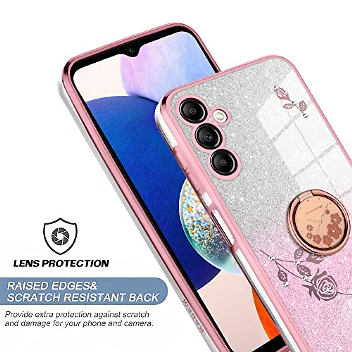 Bonoma Case for Samsung Galaxy A14 with 360°Rotatable Ring Holder Kickstand, Cute Luxury Saprkle Glitter Pretty Pink Flowers Floral Shiny Bling Sparkle Cover Shell for Women Girls