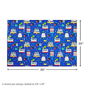 Hallmark Flat Birthday Wrapping Paper Sheets with Cutlines on Reverse (12 Folded Sheets with Sticker Seals) Happy Birthday, Red Confetti, Blue with Cakes