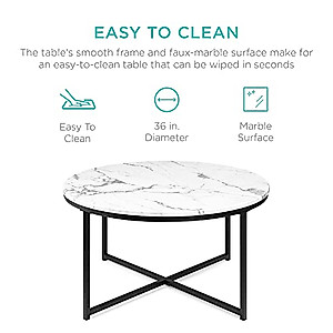 Best Choice Products 36in Faux Marble Accent Table, Modern End Table, Large Coffee Table Home Decor for Living Room, Dining Room, Tea, Coffee w/Metal Frame, Foot Caps, Designer - White/Black