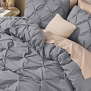 Litanika Queen Grey Pinch Pleat Duvet Cover, 3 Pieces Pintuck Cover Soft Microfiber Bedding Set with Zipper Closure & Corner Ties(104x90Inch-1 Duvet Cover, 2 Pillowcases)