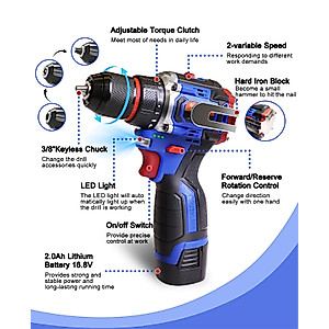 Aspro Cordless Drill, 16.8v Brushless Power Drill Set with Battery and Charger, 2 Variable Speed, 3/8'' Keyless Chuck, Built-In LED, Versatile Small Drills for Electric Drilling and Screwing
