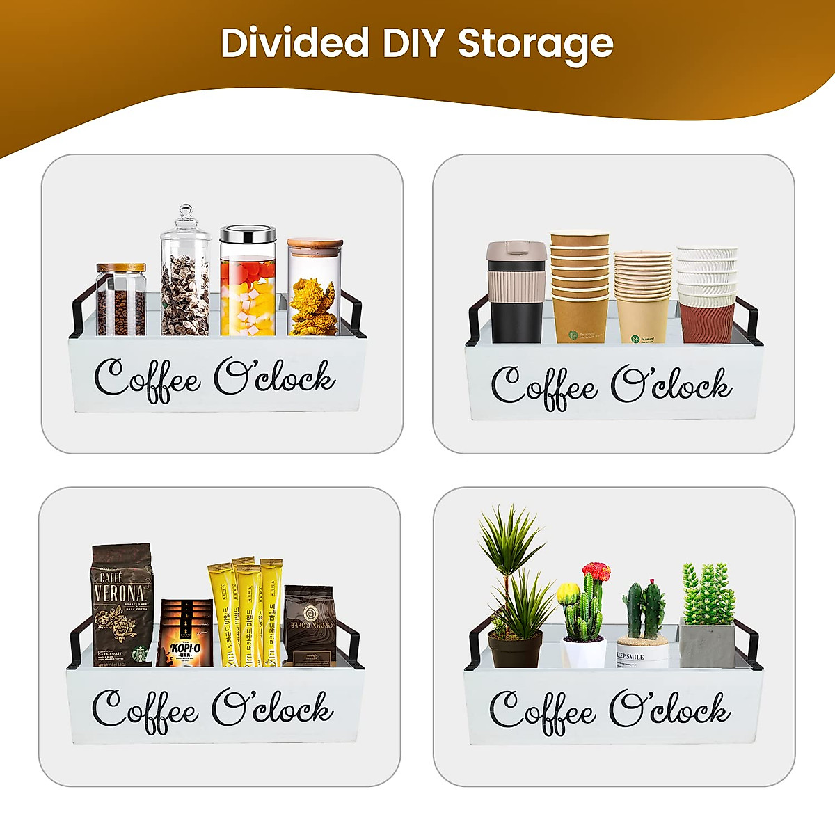 QUALLON Coffee Station Organizer with Small Removable Dividers, Wooden Coffee Bar Accessories Storage For Countertop, Farmhouse Kcup Coffee Pod Holder Basket With Handle For Coffee Lover - white