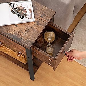 HOOBRO Side Table, 2-Tier Nightstand with Drawer, Narrow End Table for Small Spaces, Stable and Sturdy Construction, Wood Look Accent Furniture with Metal Frame, Rustic Brown and Black BF04BZ01
