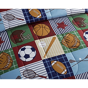 Team Sport 3-Piece Comforter Set Sports Bedding, Collegiate,Teen, Boys, Double brushed fabric, Football Shaped Decorative Pillow Included, Extra Soft, TwinSize, Blue/Green/Tan - 24013