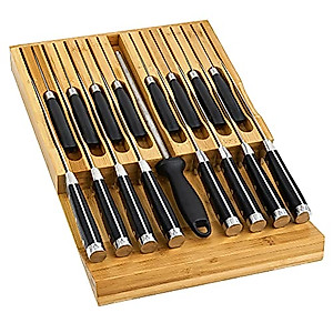 EcoFives In-Drawer Knife Block,Bamboo Knife Drawer Organizer Insert, Kitchen Knife Drawer Storage for 16 Knives a Slot for your Knife Sharpener (Without Knives)