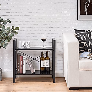 BEWISHOME 2 Tier Small Bookshelf, Black Industrial 2 Shelf Wooden Storage Bookcase with Metal Frame, Mini Shoe Rack with Short Shelves for Hallway, Bedroom, Living Room and Home Office JCJ52B