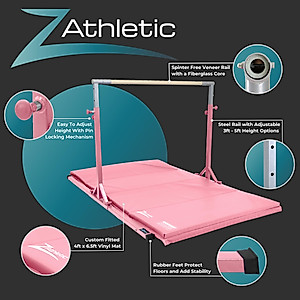 Z ATHLETIC Flyaway Duo Adjustable Horizontal Bar and 4 Ft x 6 Ft Gymnastics Mat, Pink