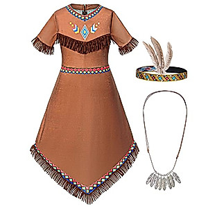 Native American Costume Girls Dress Indigenous American Indians Kids Cosplay 8-9 Years Brown