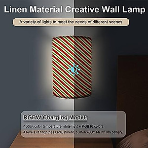 AURFIAIUOP Rechargeable Sconces Set of Two Red Green White Diagonal Lines Seamless Adjustable Brightness Fabric Wall Lamps Wireless Lights Fixtures for Bedroom Living Room Hallway