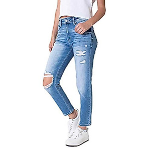 Kancan Women's High Rise Distressed Mom Jeans - KC9198L (Medium Wash, 13/30)