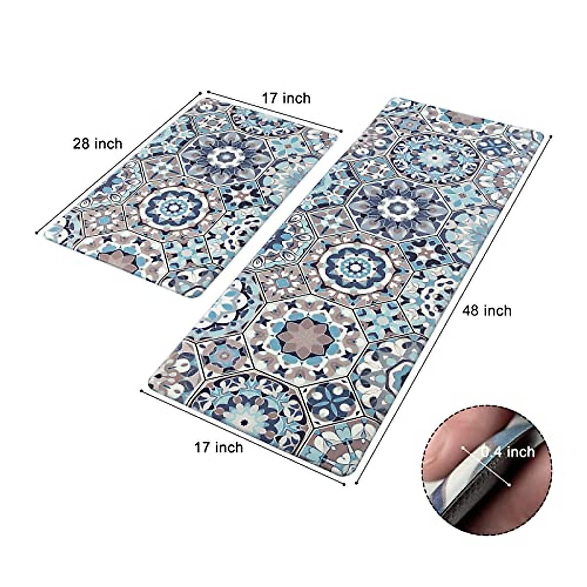 Jabogrii Anti Fatigue Kitchen Mat Set of 2 Blue Cushioned Kitchen Rugs Comfort Floor Mat PVC Waterproof Non Slip Kitchen Carpet Rug Runner for Sink Laundry 17"x48"+17"x28"