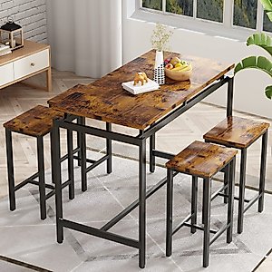 AWQM Bar Table and Stools Set, Rectangle Dining Table Set for 4, Industrial Counter Height Kitchen Bar Table and Chairs Set for Breakfast Nook, Restaurant, Apartment, Small Spaces - Rustic Brown