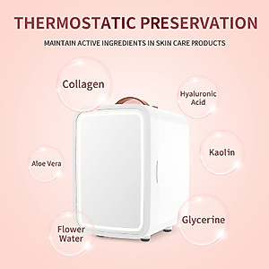 Saint Kang Skincare Fridge Hot&Cold, Portable Makeup Fridge with Mirror and Light, AC/DC Beauty Fridge for Bedroom, Office and Car(White) (8L)