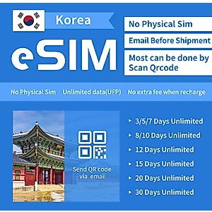 【UDBAC】 Korea eSIM Card Digital SIM Card 3~30Days 4G LTE High Speed Data Seoul Jeju Island Travel Internet Prepaid SIM Card 2GB/Day Unlimited Low Speed Data (Online Delivery (3 Days Unlimited)