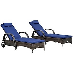 Outsunny Wicker Outdoor Chaise Lounge Set of 2, 5-Level Adjustable Backrest PE Rattan Pool Lounge Chair with Wheels, Cushion & Headrest, Brown and Dark Blue