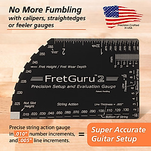 FretGuru 8-in-1 String Action Gauge Guitar Fret Ruler Precision Fret Rocker - Precise CNC Machined, Diamond Honed, Polished Edge Guitar String Height Gauge - Luthier Tool with Thick Leather Case