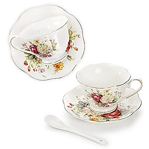 Foraineam Tea Cups and Saucers Set of 6, Floral Tea Cup Set with Gold Trim, 6 oz Porcelain Ivory Coffee Cups with Saucers and Spoons, Latte Cups and Espresso Mug for Coffee Drinks and Tea