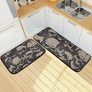 J JOYSAY Skulls Kitchen Rugs and Mat 2 Pieces Set Cushioned Anti Fatigue Kitchen Mat Non Slip Floor Rug Washable Farmhouse Decor for Home Kitchen Hallway Bedroom