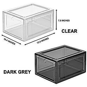 BYFU Shoe Box Drop Front Set of 6, Plastic Stackable Shoe Storage Boxes with Lids, Sneaker Display Case Shoe Organizer Bins for Closet, Easy Assembly (Dark Grey)