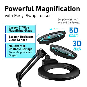 Desk Magnifying Glass with Light - DAEV - 7" Large LED Magnifying Glass with Clamp, Easy Change 5D (2.25X) and 3D (1.75X) Glass. 1600 Lumen, 6500K CCT Dimmable LED Magnifier with Light, Black