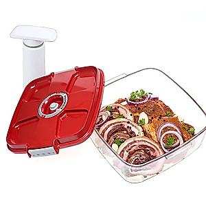 PrepSealer Marinating Vacuum System Container-Makes Food Tastier, Juicier, Healthier and More Tender (2 Liter, Square Shape, Tritan Material, Red Color, Manual Hand Pump Included)
