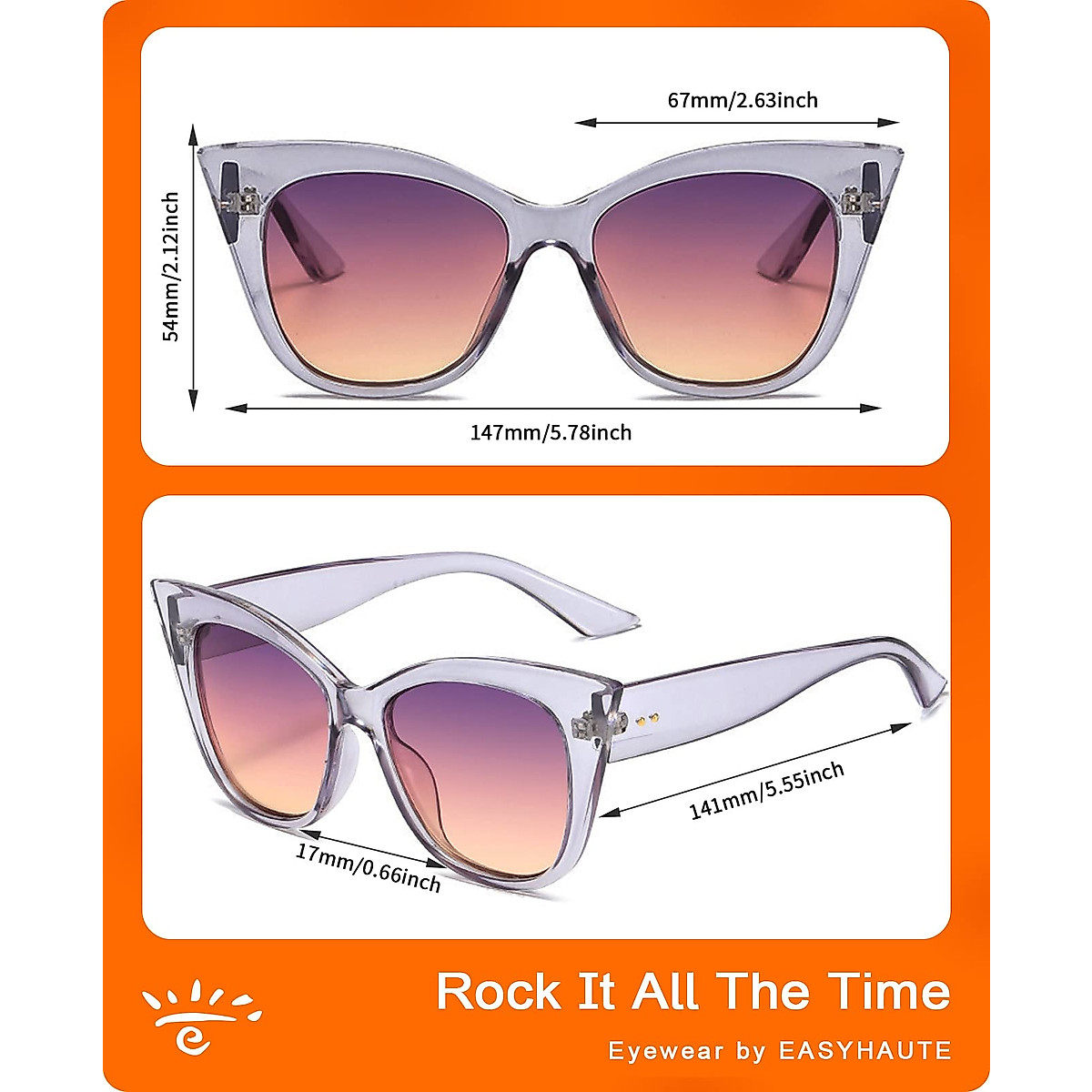 EASYHAUTE Cat Eye Sunglasses for Women, Premium Retro Sun Glasses Fashion Style with UV400 Protection, Trendy Frame (Grey/Purple Gradient Yellow)