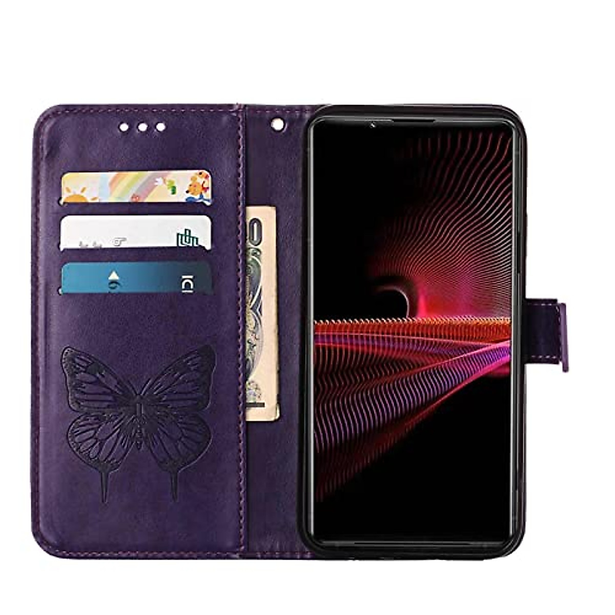 Butterfly Leather Case for Sony Xperia 1 III with Credit Card Holder Slots Kickstand Flip Folio Leather Magnetic Wallet Case with Wirst Strap Case for Sony Xperia 1 III
