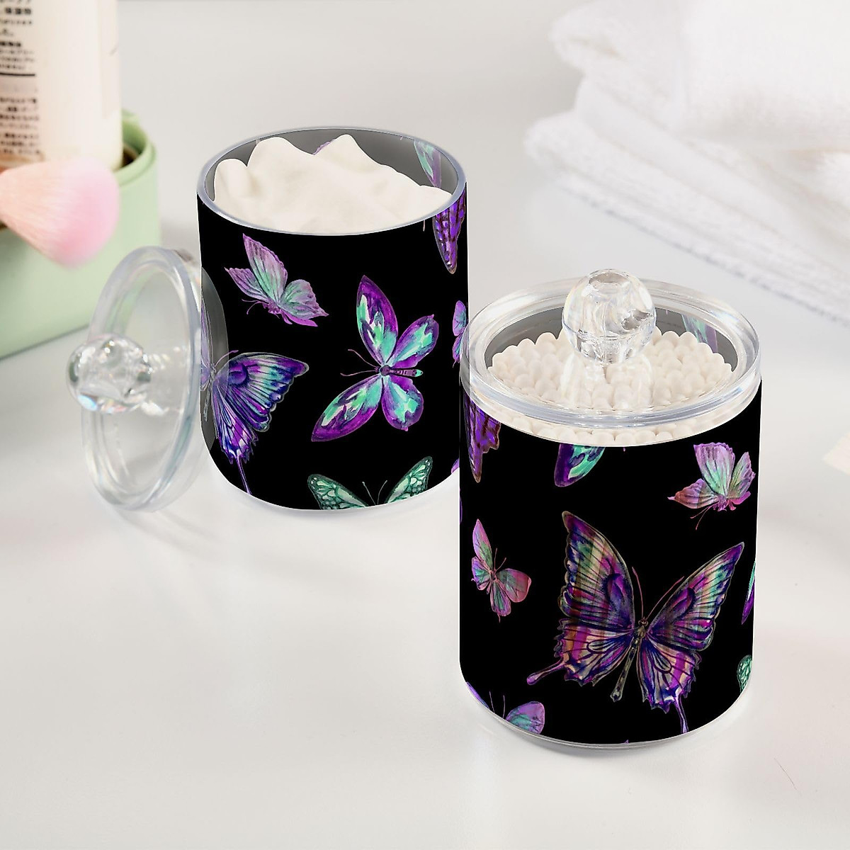 2 Pack Qtip Holder Dispenser for Cotton Ball Purple Butterfly Animal Cotton Swab Cotton Round Pads Clear Plastic Acrylic Jar Set Bathroom Canister