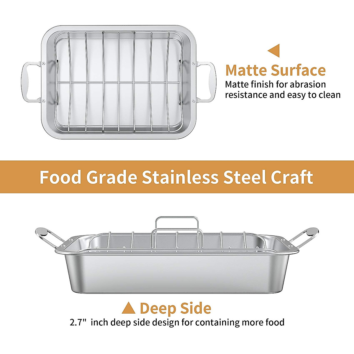 Skyflame Roasting Pan with Rack for Turkey, Stainless Steel Silver Rectangular Barbecue Bakeware Roaster Pan with Nonstick U-Rack for Indoor/Outdoor Oven Cooking