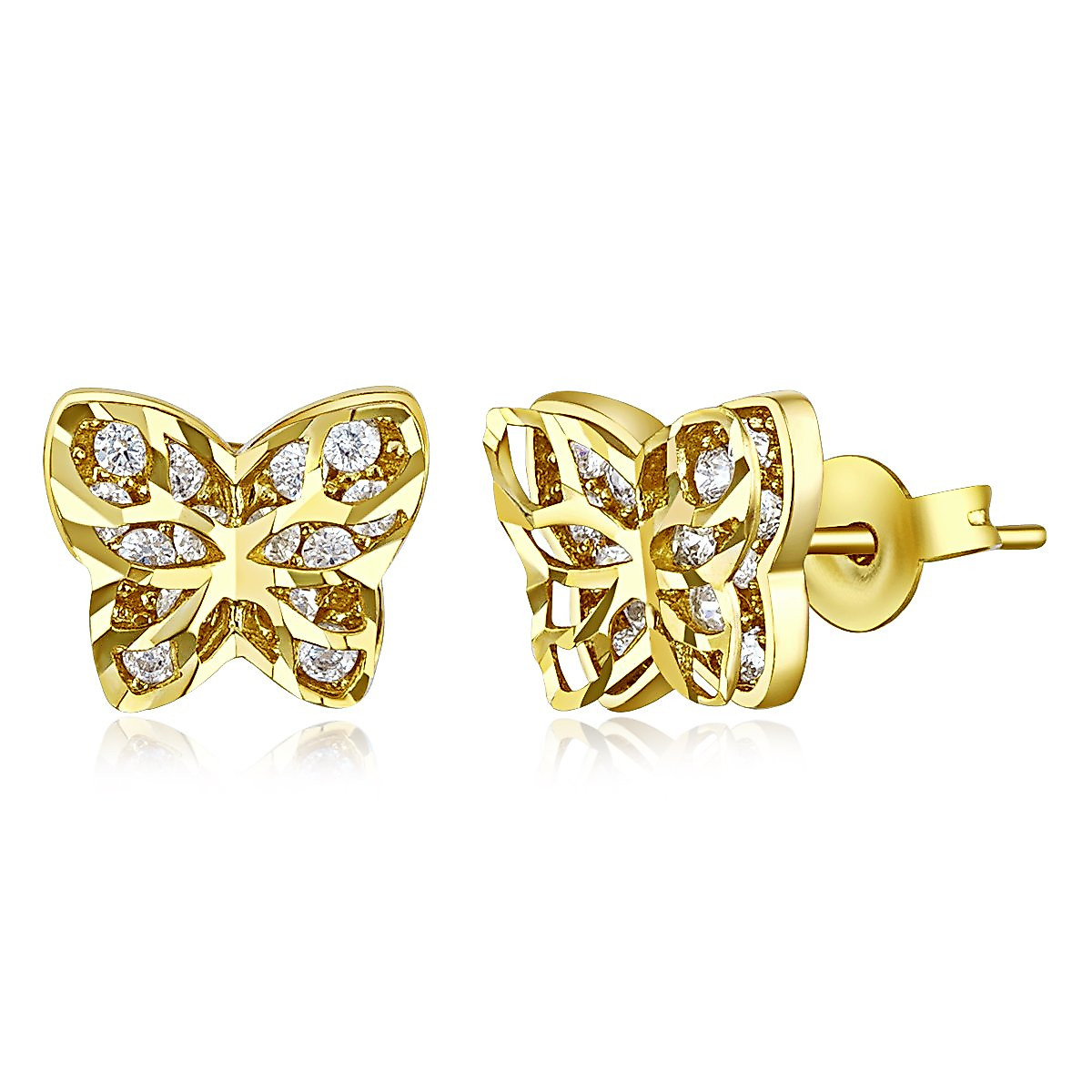 14k REAL Yellow Gold CZ Butterfly Earrings