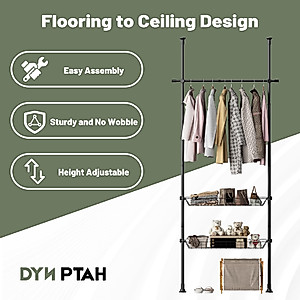 DYN Ptah Floor to Ceiling Adjustble Garment Rack, Free Standing Tension Rod Clothes Rack with 2 Storage Baskets, Heavy Duty Clothing Hanger Black