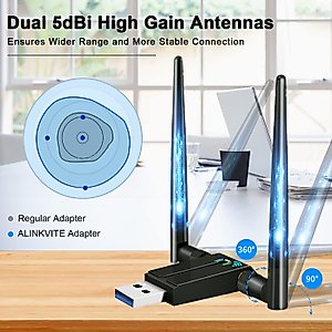1300M WIFI Adapter for Desktop PC, ALINKVITE 2×5dBi Antenna Mini USB WIFI Adapter, USB 3 WIFI Dongle, 2.4/5GHz USB Network Adapter, WIFI USB Wireless Adapter for WIN 10/8/8.1/7/XP/Vista, Linux, Mac OS