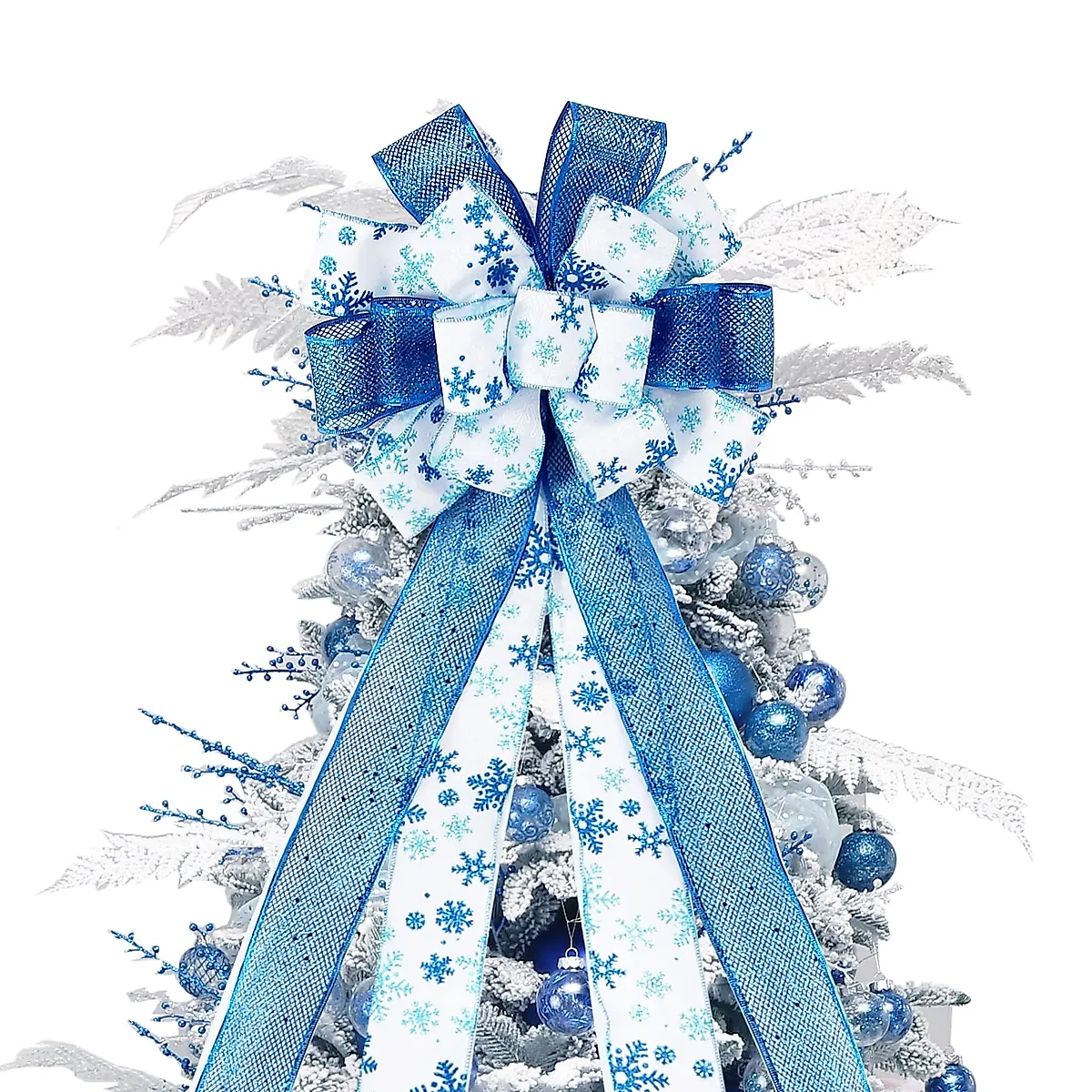 Christmas Tree Topper Bow, 44X12 Inch Artificial Xmas Tree Flower Topper Decor, for Family, Wedding, Birthday Party, Indoor Outdoor Thanksgiving Christmas Decoration - Blue/White/Snowflake.
