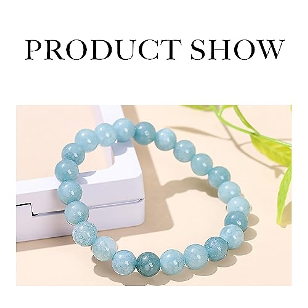 𝕲𝖗𝖊𝖞 𝖉𝖊𝖊𝖗 - Stunning Aquamarine Beaded Bracelets - Handmade Beaded Bracelets - Elegant Friendship Bracelet Crystals and Healing Stones - Perfect Gift for Men and Women - 8mm