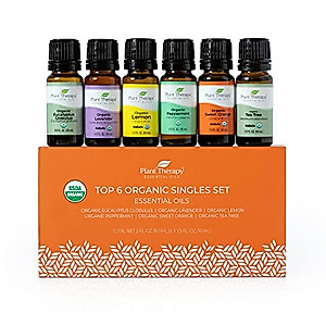 Plant Therapy Top 6 USDA Organic Essential Oil Set - Lavender, Peppermint, Eucalyptus, Lemon, Tea Tree 100% Pure, Natural Aromatherapy, for Diffusion & Topical Use, Therapeutic Grade 10 mL (1/3 oz)