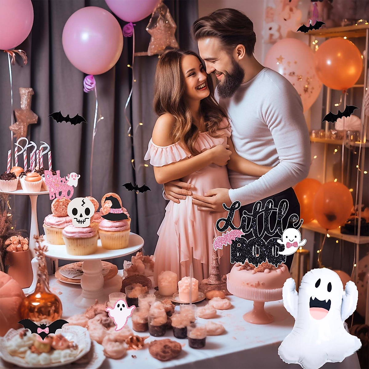 Fiesec Halloween Baby Shower Decorations for Girls Pink Purple Black Ivory, A Little Boo Is Almost Due Baby Shower Girl with Balloon Garland Arch Kit Banner Cake Cupcake Topper Ghost Bat Cutout