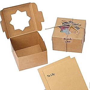 Moretoes 50pcs 4x4x2.5 Inches Brown Bakery Boxes with Window Cookie Boxes Kraft Paper Treat Boxes for Pastries, Small Cakes Box