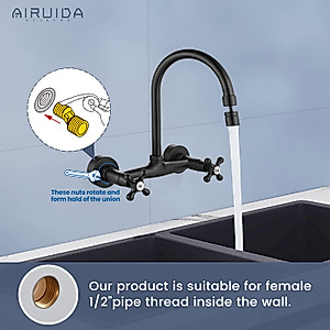 Airuida Wall Mount Kitchen Faucet Matte Black 8 Inch Center Wall Mount Faucet Kitchen with Sprayer Double Cross Handles 360 Degree Swivel Spout Kitchen Mixer Tap Commercial