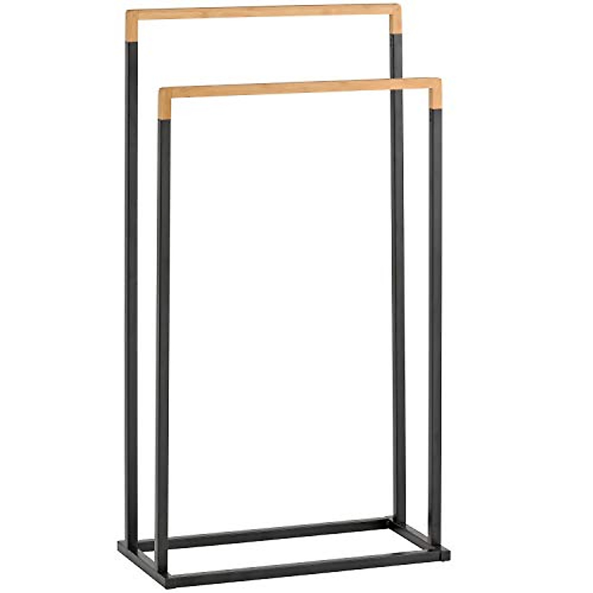 MyGift 33 Inch Black Chrome Plated Metal Freestanding Bathroom Towel Rack Stand with 2 Tier Bamboo Wood Bar, Laundry Room Drying Rack Stand