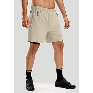 Men's Mountain Bike Shorts 3D Padded Loose-fit Biking Riding Cycling Bicycle Biker Cycle Padding Shorts for Men Zipper Pockets(Light Khaki,XXXL)