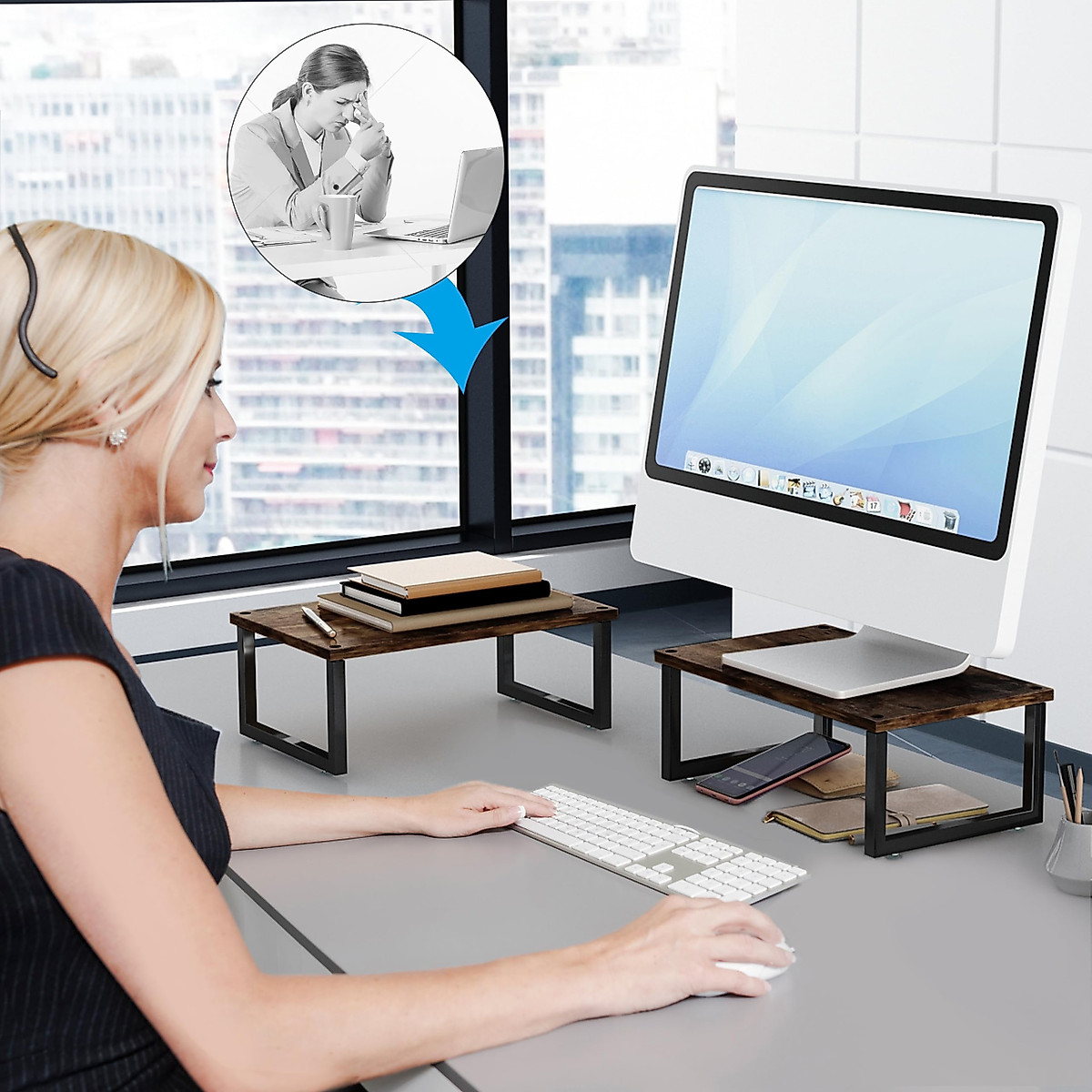 Ekisemio Monitor Stand Riser, 2-Pack Wood Desk Storage Organizer for Office Laptop, Computer, iMac, Antique Brown