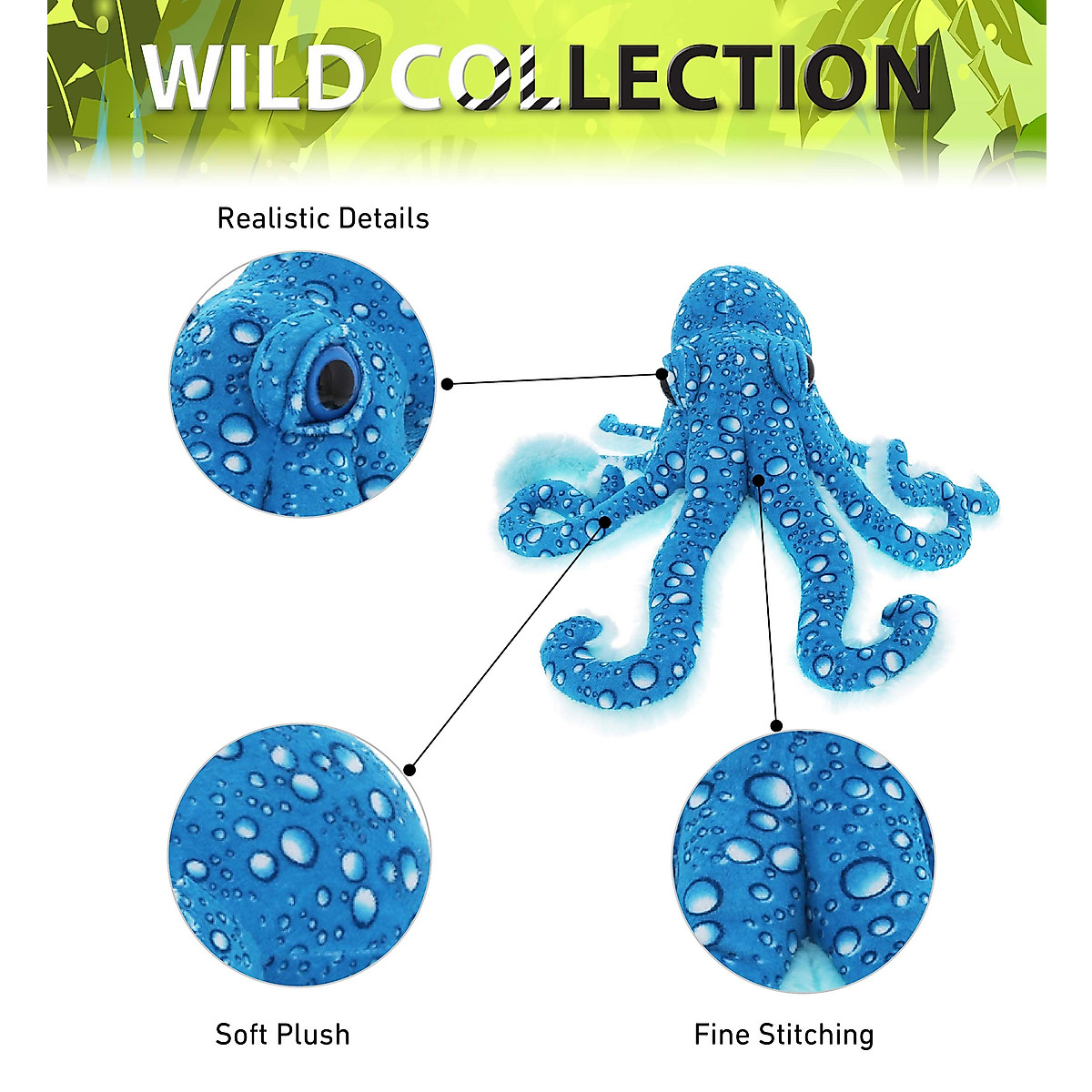 DolliBu Blue Octopus Stuffed Animal - Wild Collection Sea Animal Plush Gift for Kids, Realistic Plush Sea Critters, Cute Stuffed Octopus Sea Creature Toy for Boys and Girls - 16 Inches