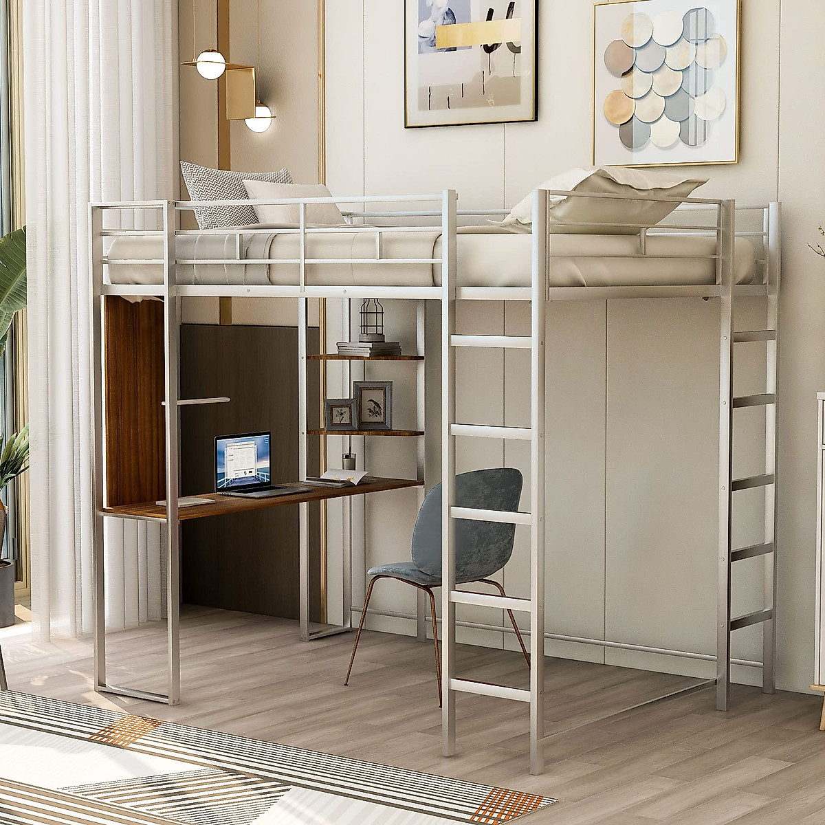 GINGVAT Full Size Metal Loft Bed with Desk and 2 Shelves,Metal Loft Bed Built-in Ladder,for Bedroom,Dorm,Apartment,Silver