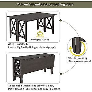 XD Designs 6-Piece Dining Room Table Set, Rustic Farmhouse Dining Room Foldable Table with 4 Upholstered Chairs & Bench, Solid Wood Kitchen Dining Room Set for 4-6 Persons (Gray 60in)