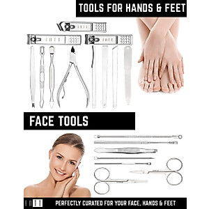 ENTT Manicure Pedicure Grooming Set Kit Gift for Men/Women – 18 Piece Steel Finish Tools - Premium Quality Sharp Professional Nail Clippers – For Home, Travel – All Purpose – Black Case