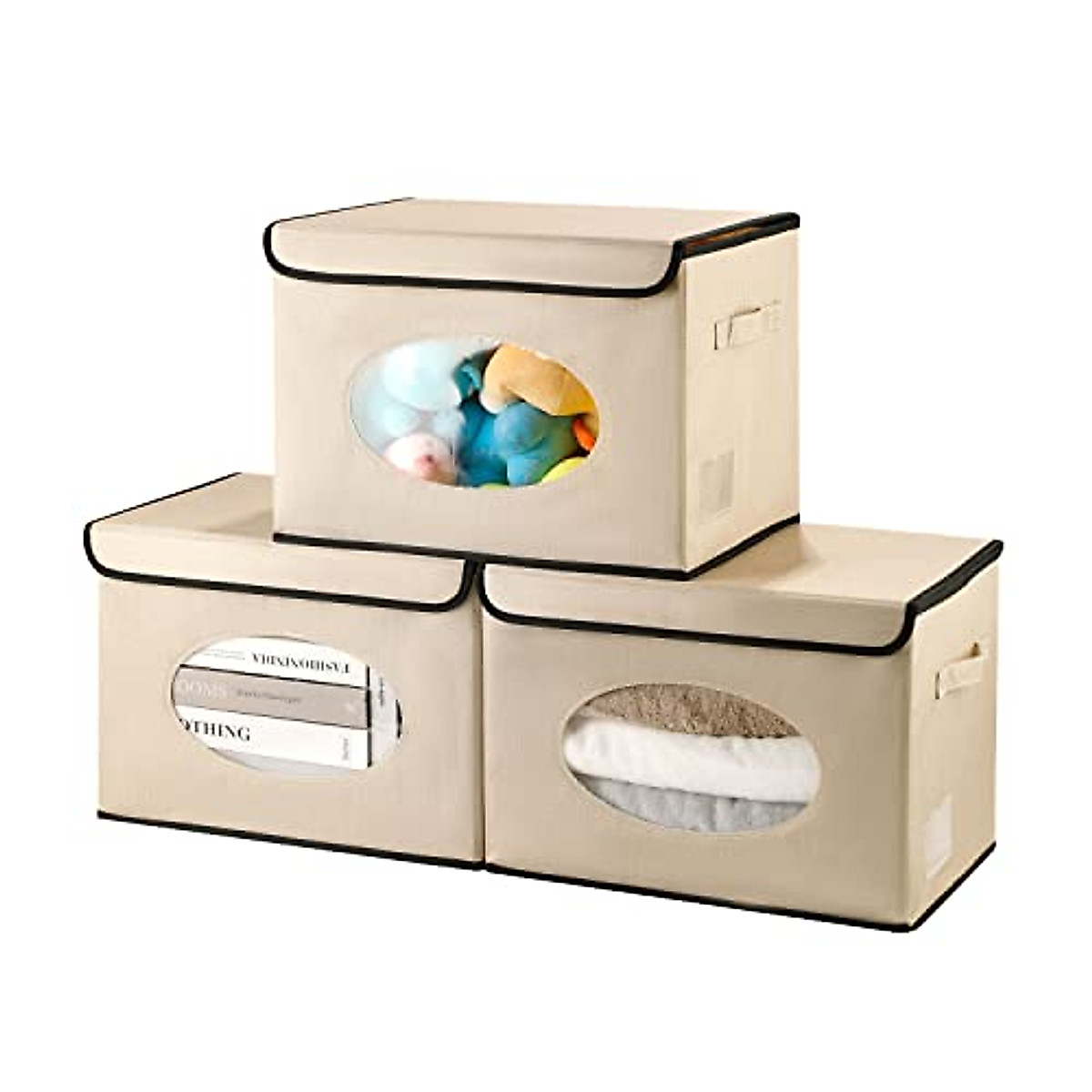 Furnhome Large Fabric Storage Bin with Lids, Foldable Storage Bins for Clothes with Clear Window-Stackable Clothes Storage Bins with Label for Closet Shelves Nursery Bedroom.(Begie, 3 Pack)