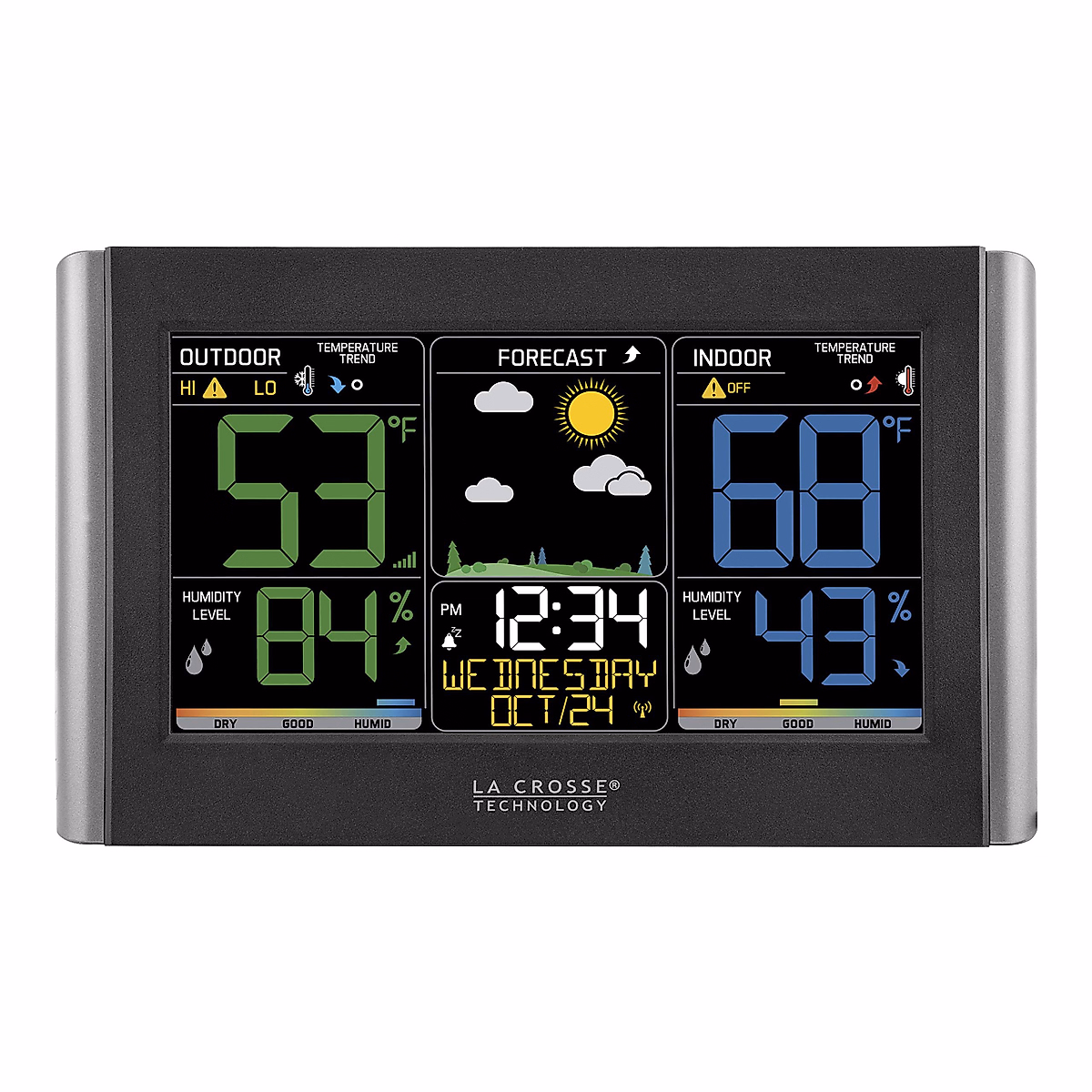 La Crosse Technology Weather Station with Customizable Alerts, Weather Forecast, Temperature, Dew Point, Humidity, Time, Heat Index, Large Display, Adjustable Brightness, Wireless, Black, C85845-INT
